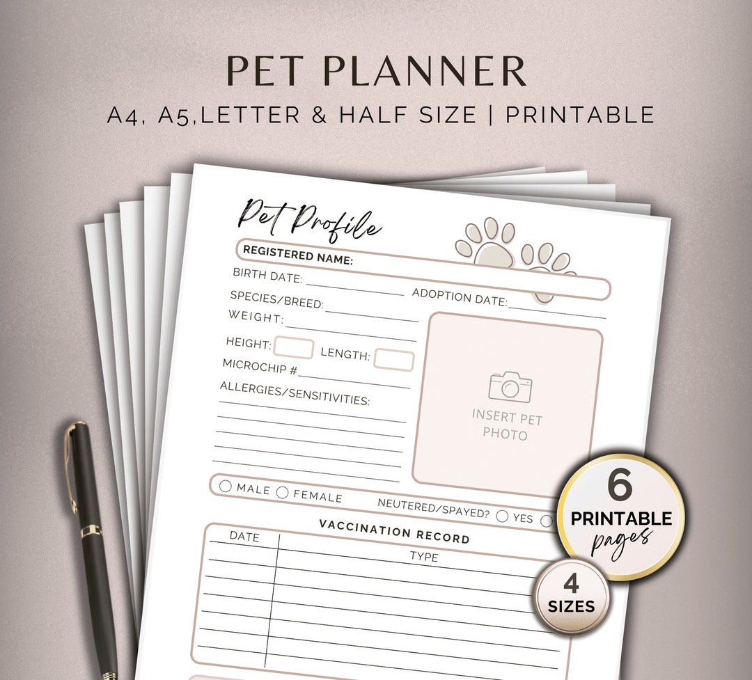 Pet Planner Printables Pet Care Inserts Medical Tracker Pet Health ...