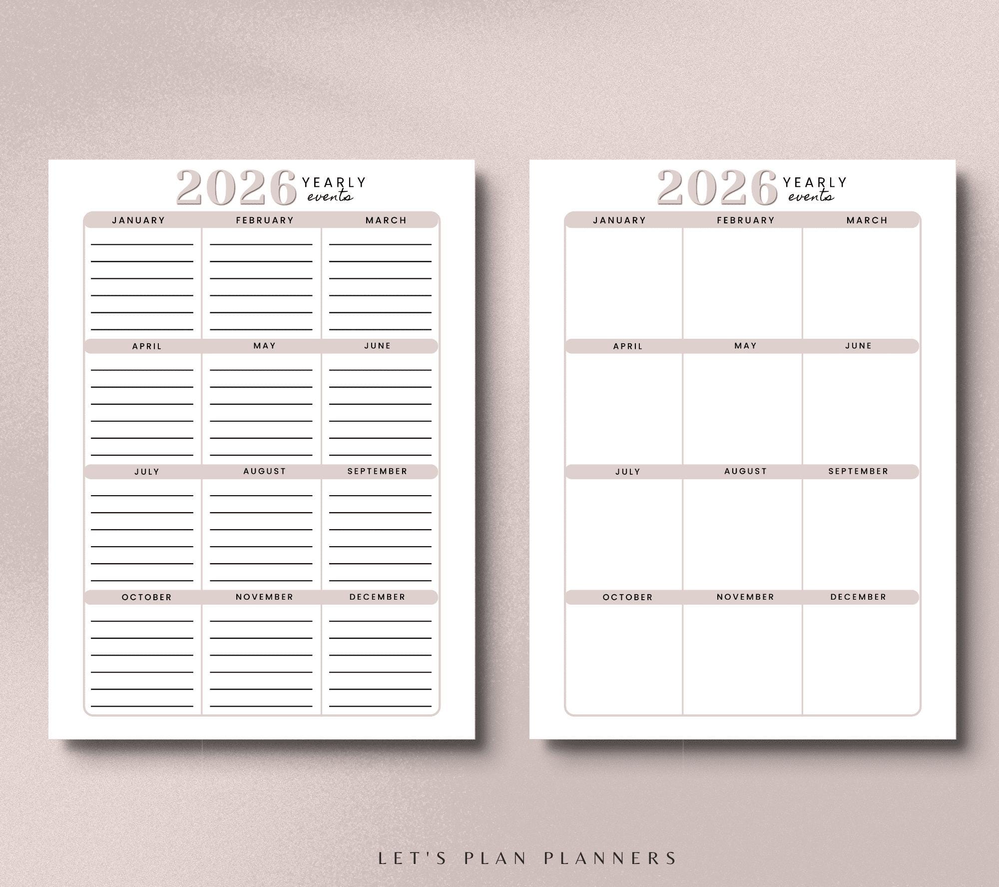 2026 Yearly Events Planner: At-a-glance Calendar (PDF Printable) - Etsy