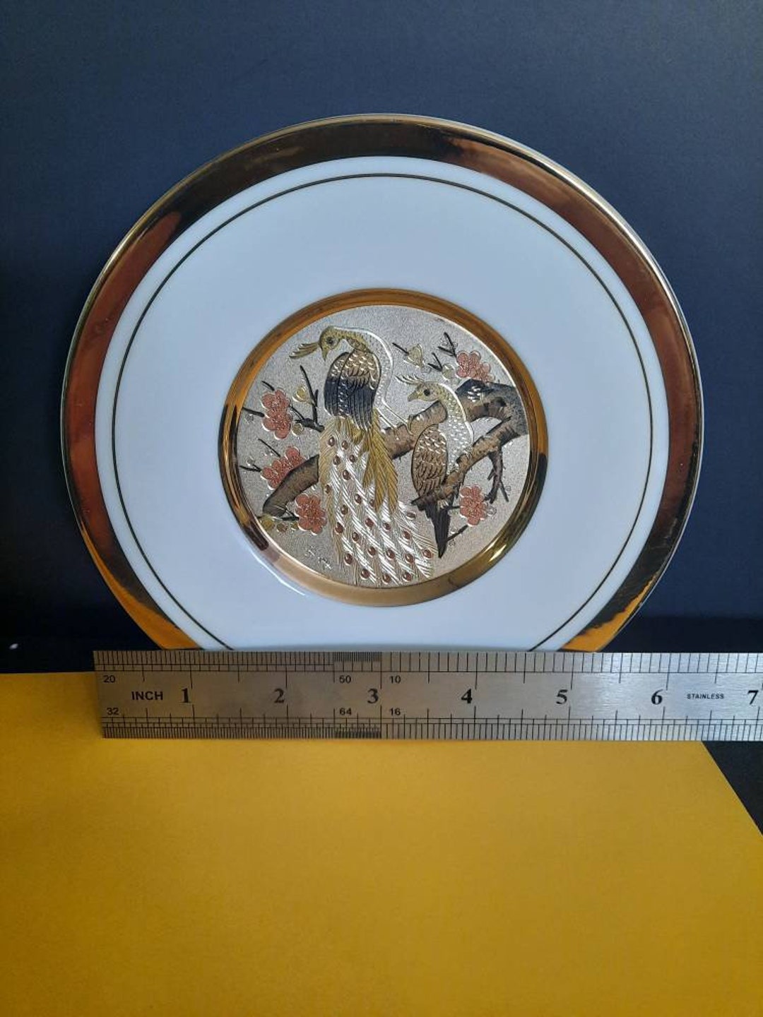 6" Gold Trimmed Japanese Plate in the Chokin Style Featuring a Peacock ...