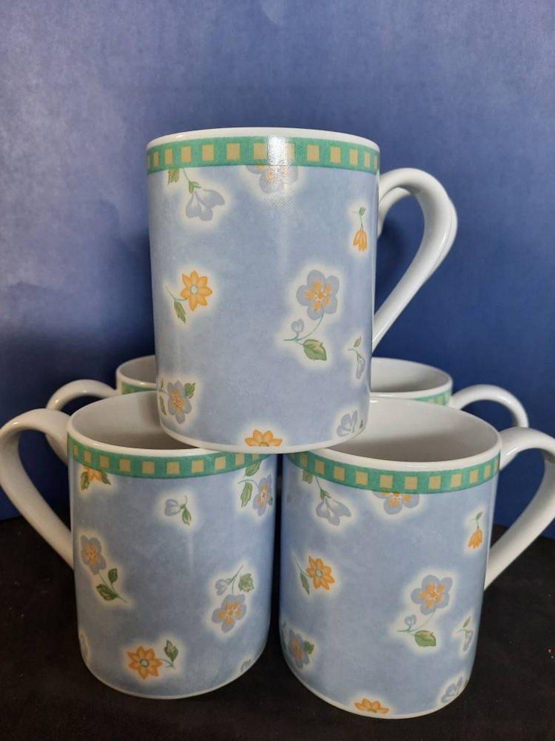 6 X Corning Ware Coffee Mugs Blue Body With Floral Design - Etsy