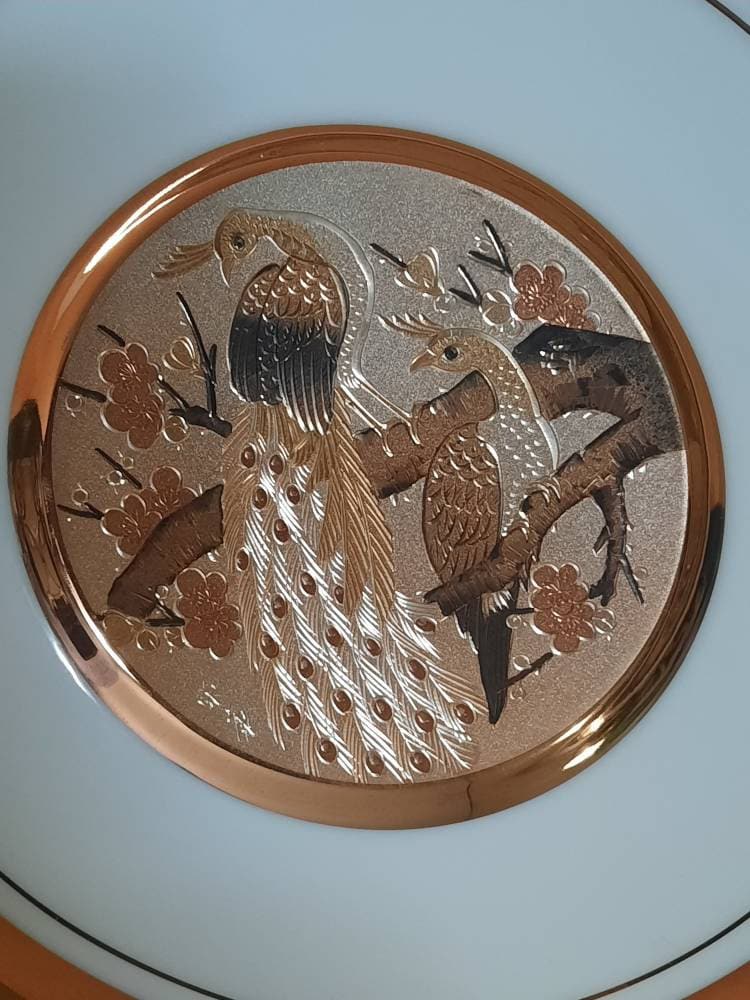 6" Gold Trimmed Japanese Plate in the Chokin Style Featuring a Peacock ...