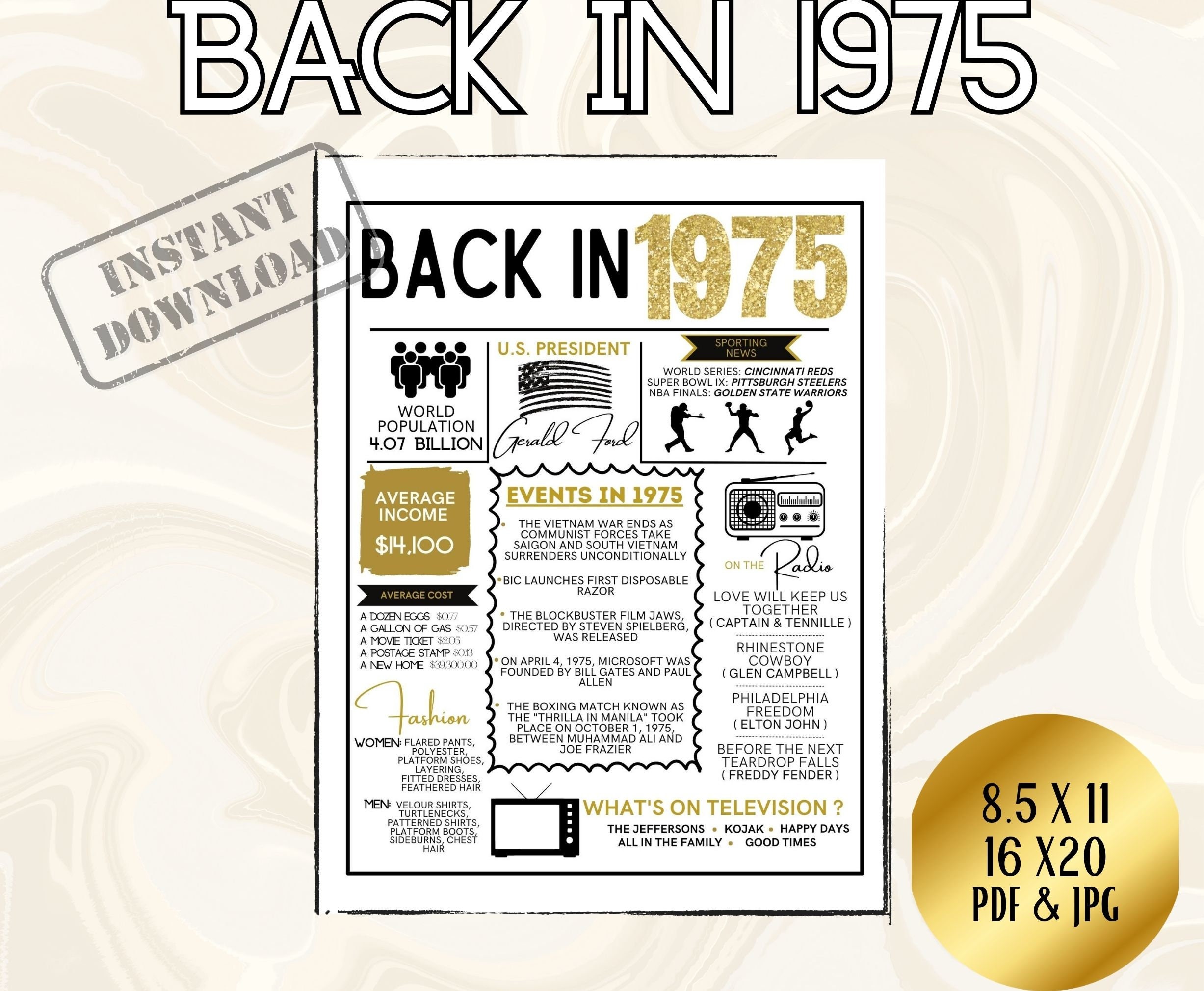 Back in 1975 Printable | Vintage 1975 Sign | 1975 Poster | Us Letter & 16x20 Sizes | Nostalgic ...