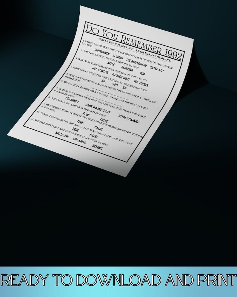 Retro Rewind: 1992 Trivia Game - Printable DIY Party Game - Etsy