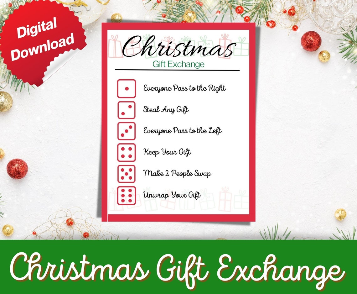 Printable Christmas Gift Exchange Dice Game, Present Swap, White ...