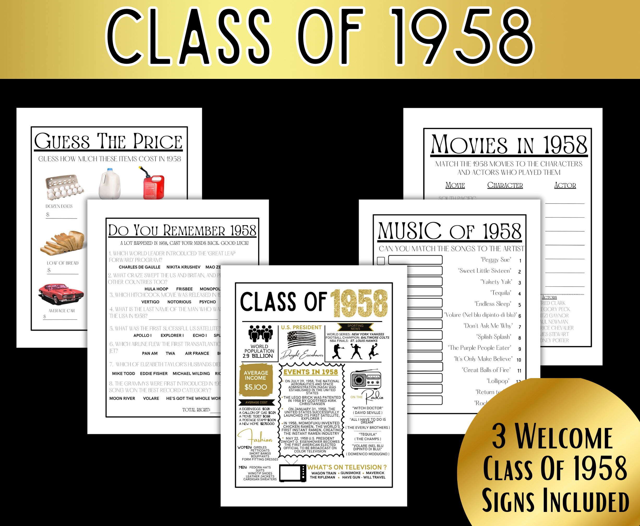 Vintage Class of 1958 Printable Bundle: Trivia, Music, Movies, and 3 16 ...