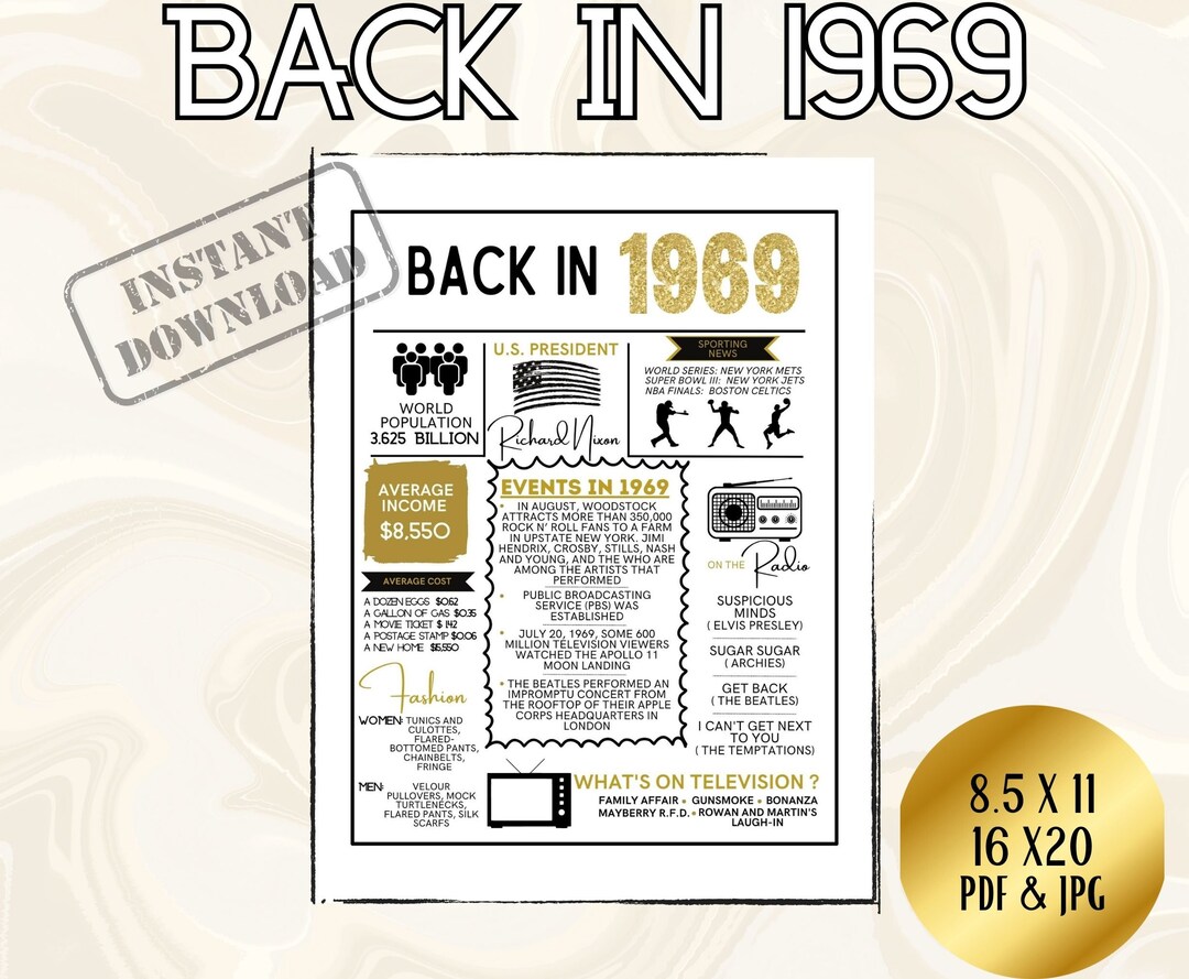 Vintage 1969 Print, Back in 1969 Poster, 52nd Birthday Gift, 1969 Fun ...
