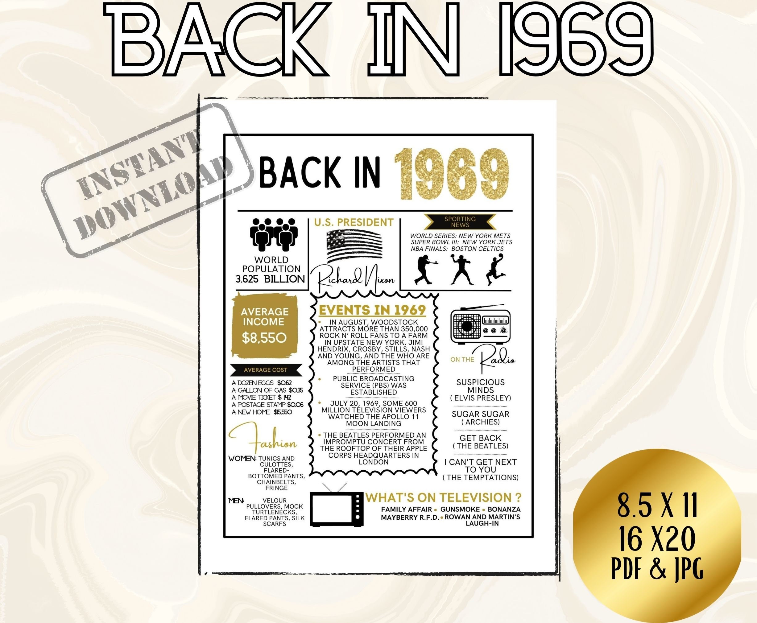 Vintage 1969 Print, Back in 1969 Poster, 52nd Birthday Gift, 1969 Fun ...