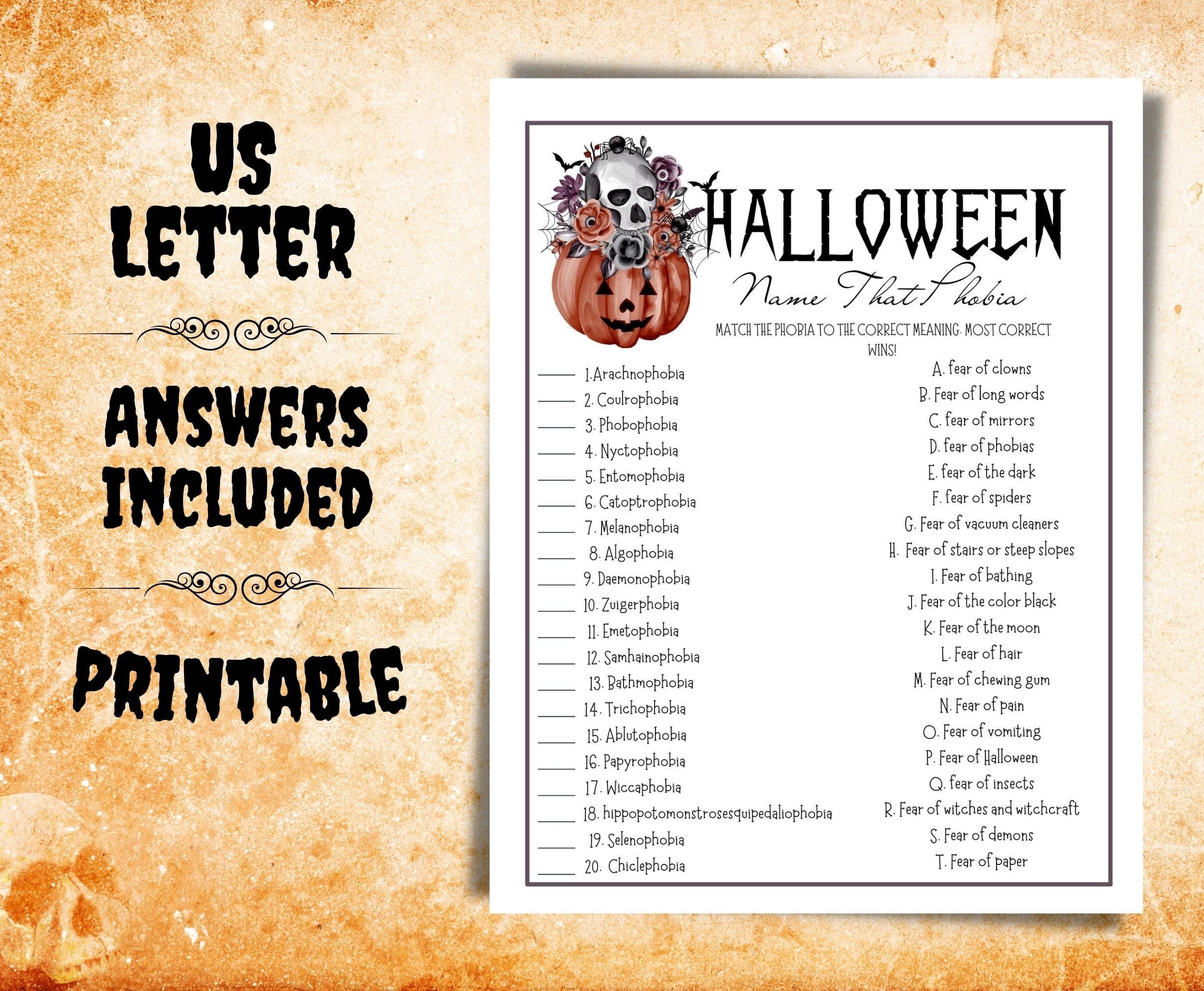 Halloween Name That Phobia Match Game | Printable Games for Adults ...