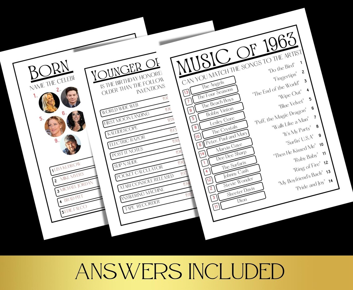 60th Birthday Party Games Bundle, Born in 1963 Game, Printable 60th ...