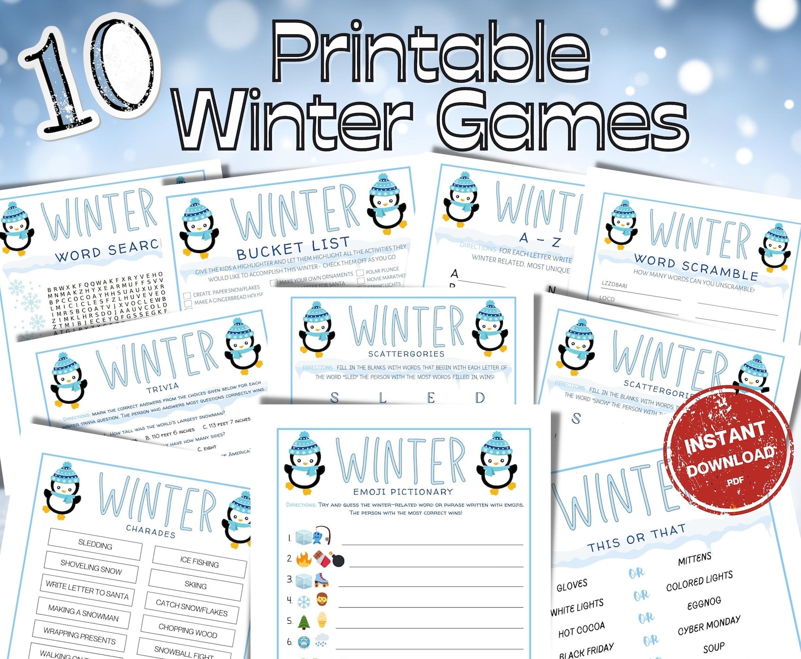 10 Winter Games Bundle, Fun Wintertime Games and Activities for Adults ...