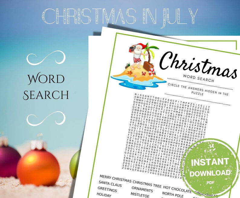 Christmas in July Printable Word Search, Summer Santa Party Games, Word ...