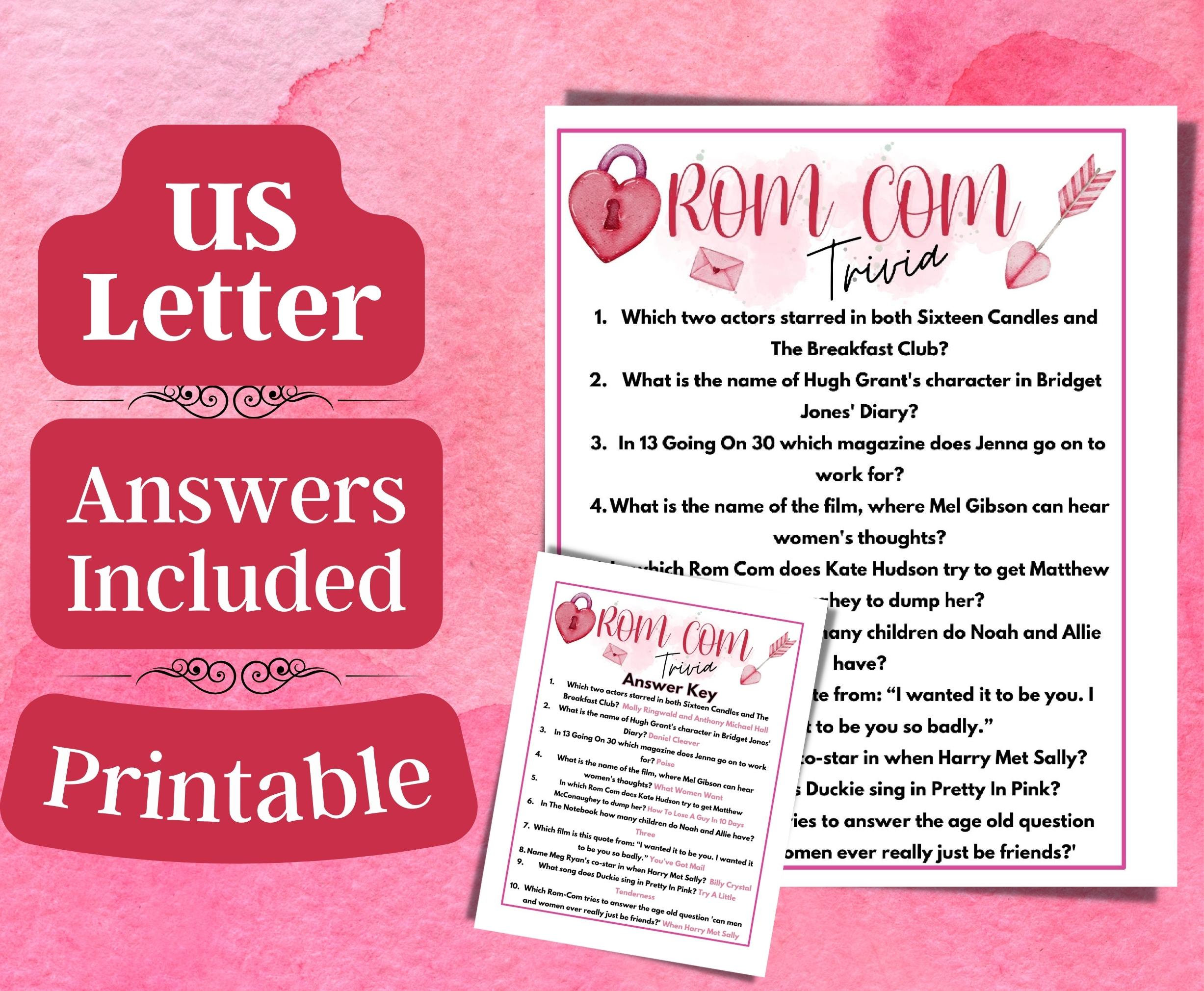 Rom Com Trivia Quiz, Printable Galentines Day Chick Flick Game, Movie ...