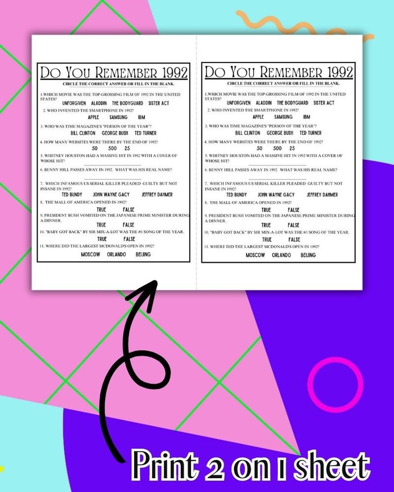 Retro Rewind: 1992 Trivia Game - Printable DIY Party Game - Etsy