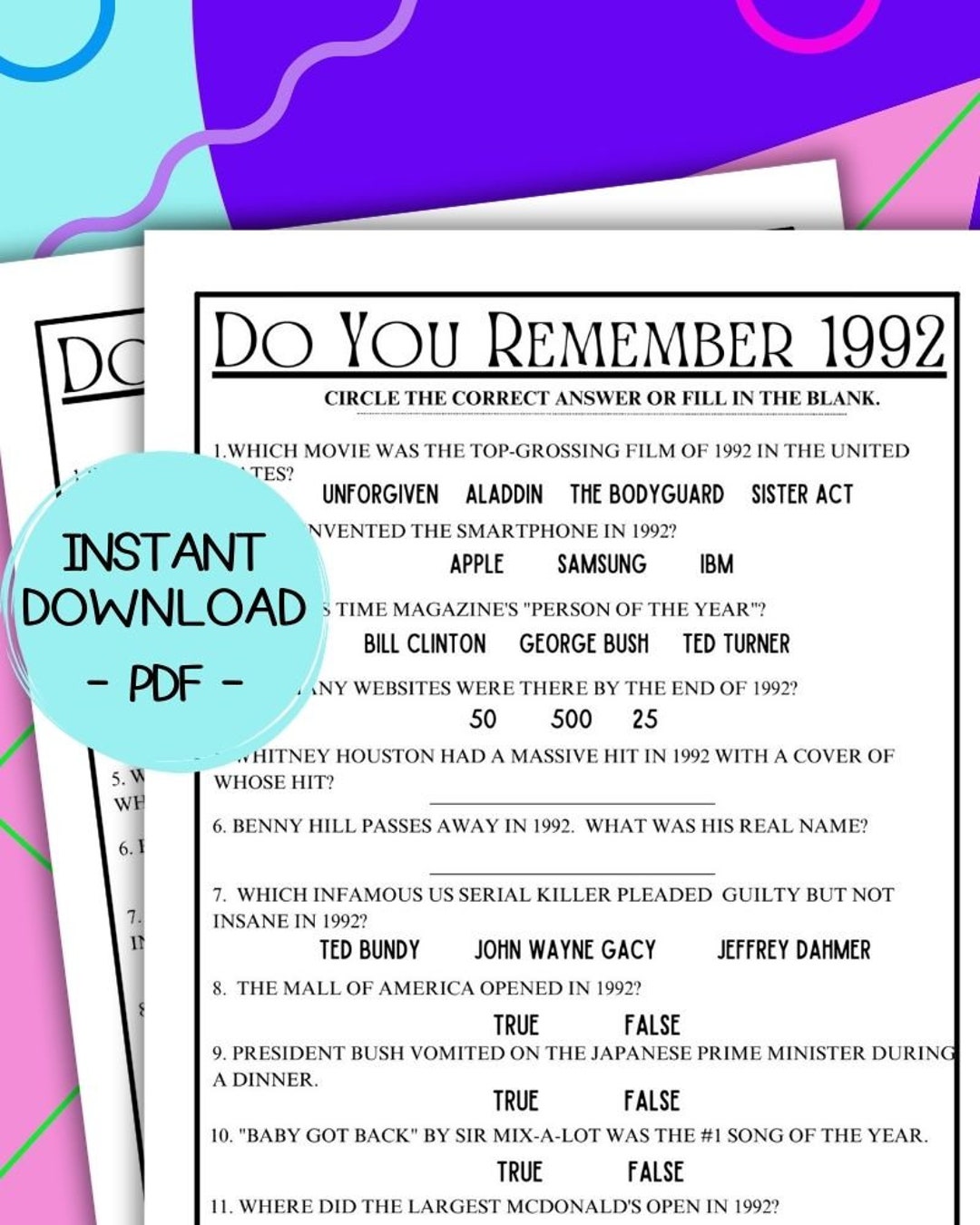 Retro Rewind: 1992 Trivia Game - Printable DIY Party Game - Etsy