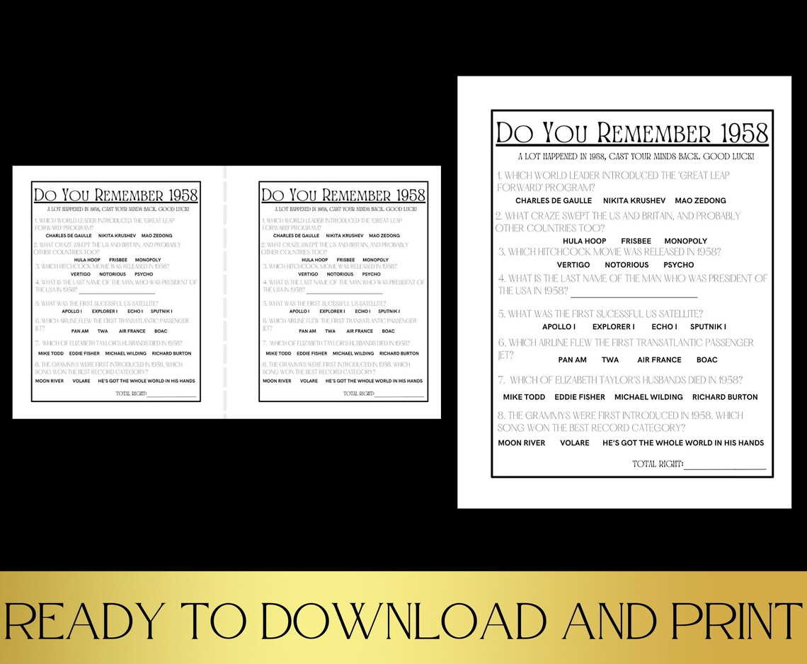 Vintage Class of 1958 Printable Bundle: Trivia, Music, Movies, and 3 16 ...
