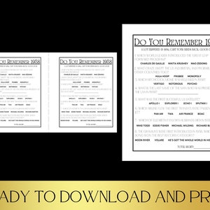 Vintage Class of 1958 Printable Bundle: Trivia, Music, Movies, and 3 16 ...