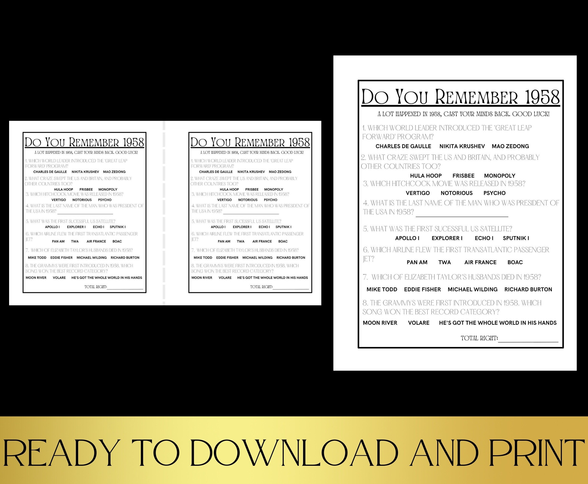 Vintage Class of 1958 Printable Bundle: Trivia, Music, Movies, and 3 16 ...