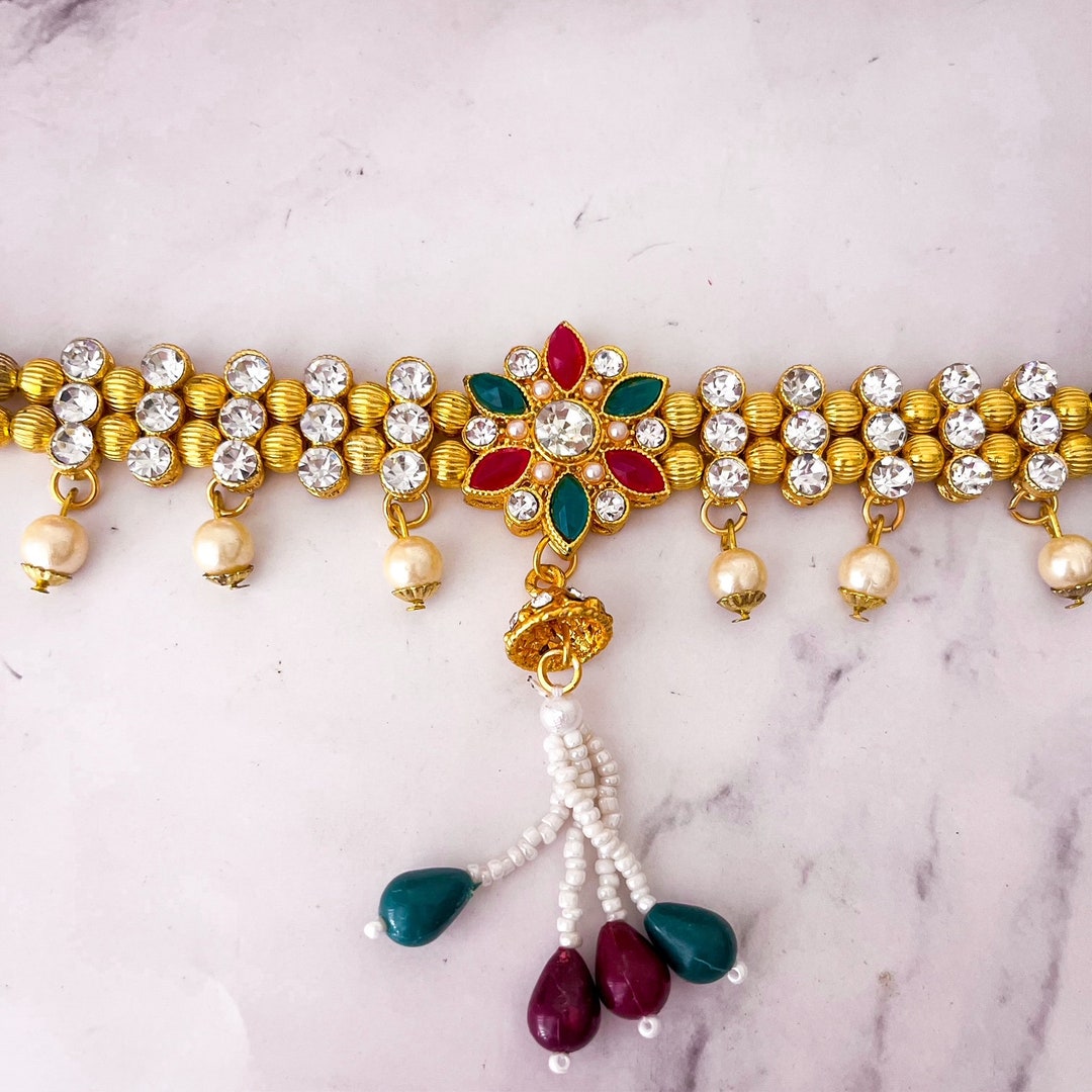 Green and Red Kundan Flower Kamarband Saree Belly Chain Waist Chain ...