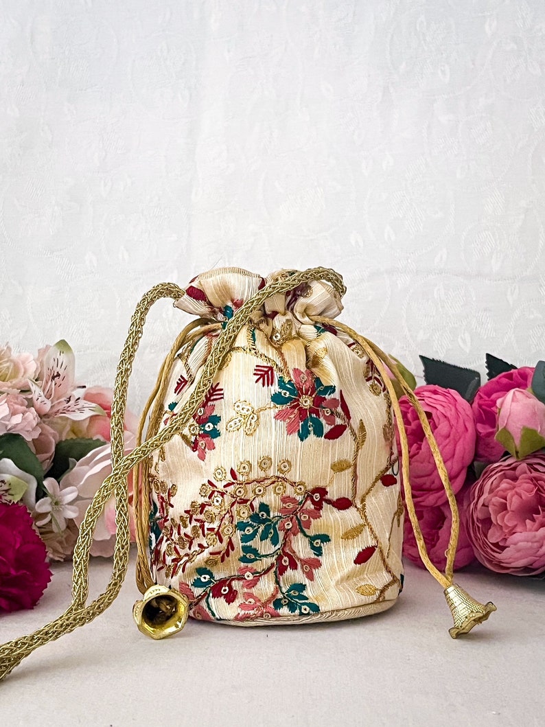 Beige Flower Thread Embroidery Drawstring Purse Potli Gift Bag for ...