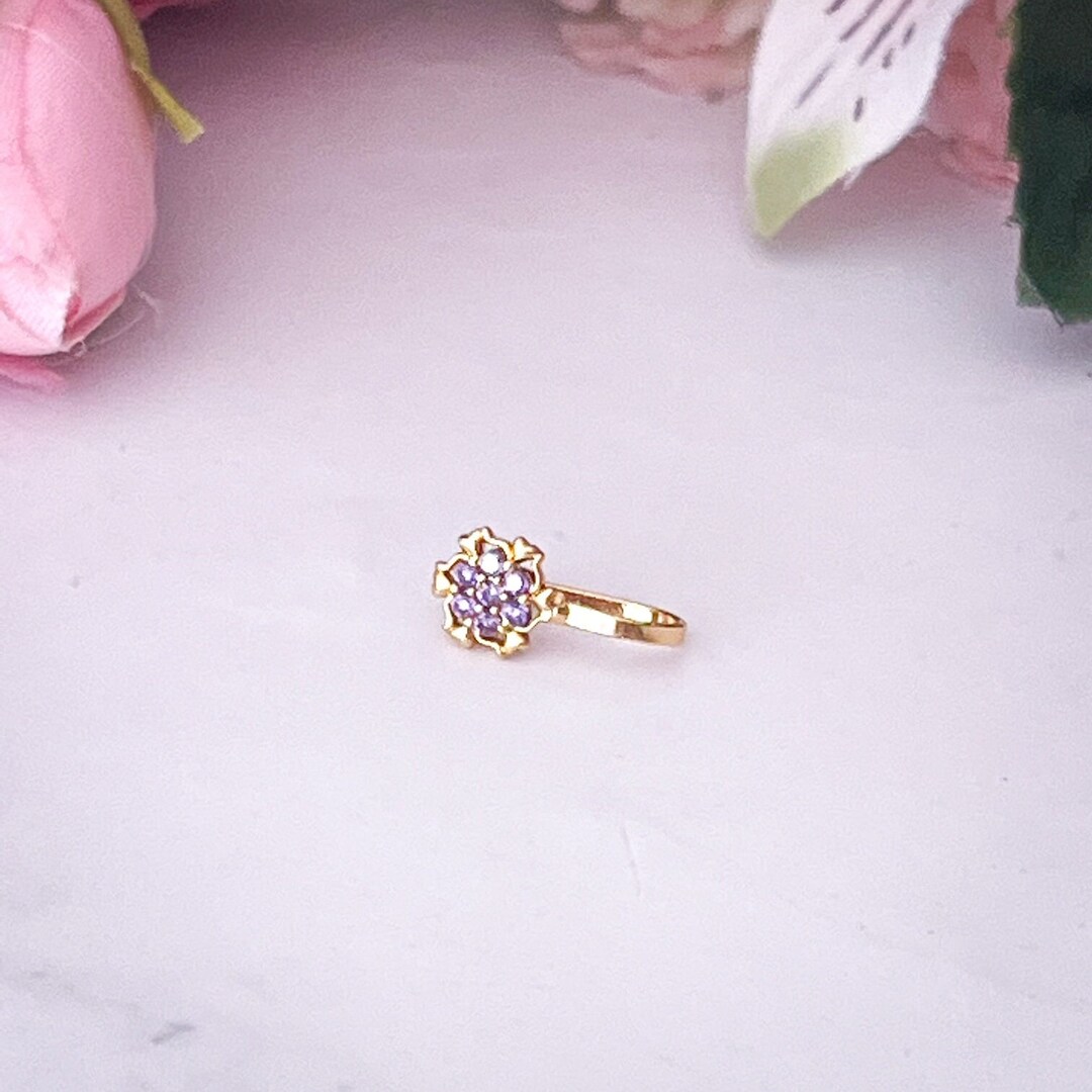 Purple American Diamond Gold Plated Nose Pin Ring Cuff Nath For Women