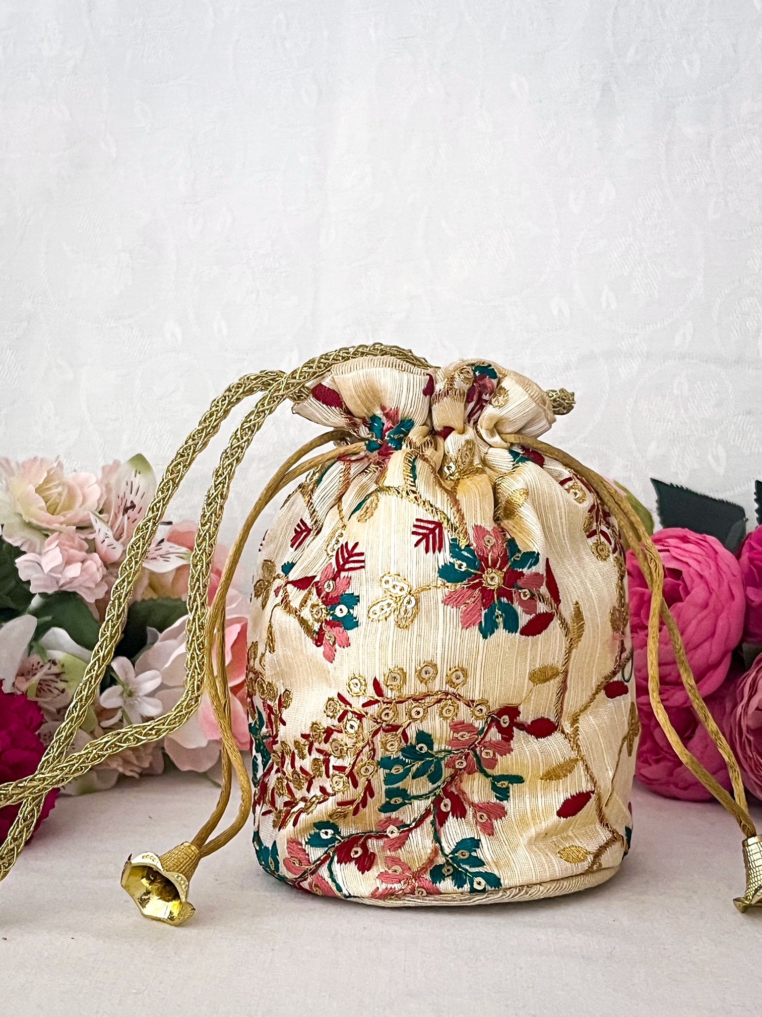 Beige Flower Thread Embroidery Drawstring Purse Potli Gift Bag for ...
