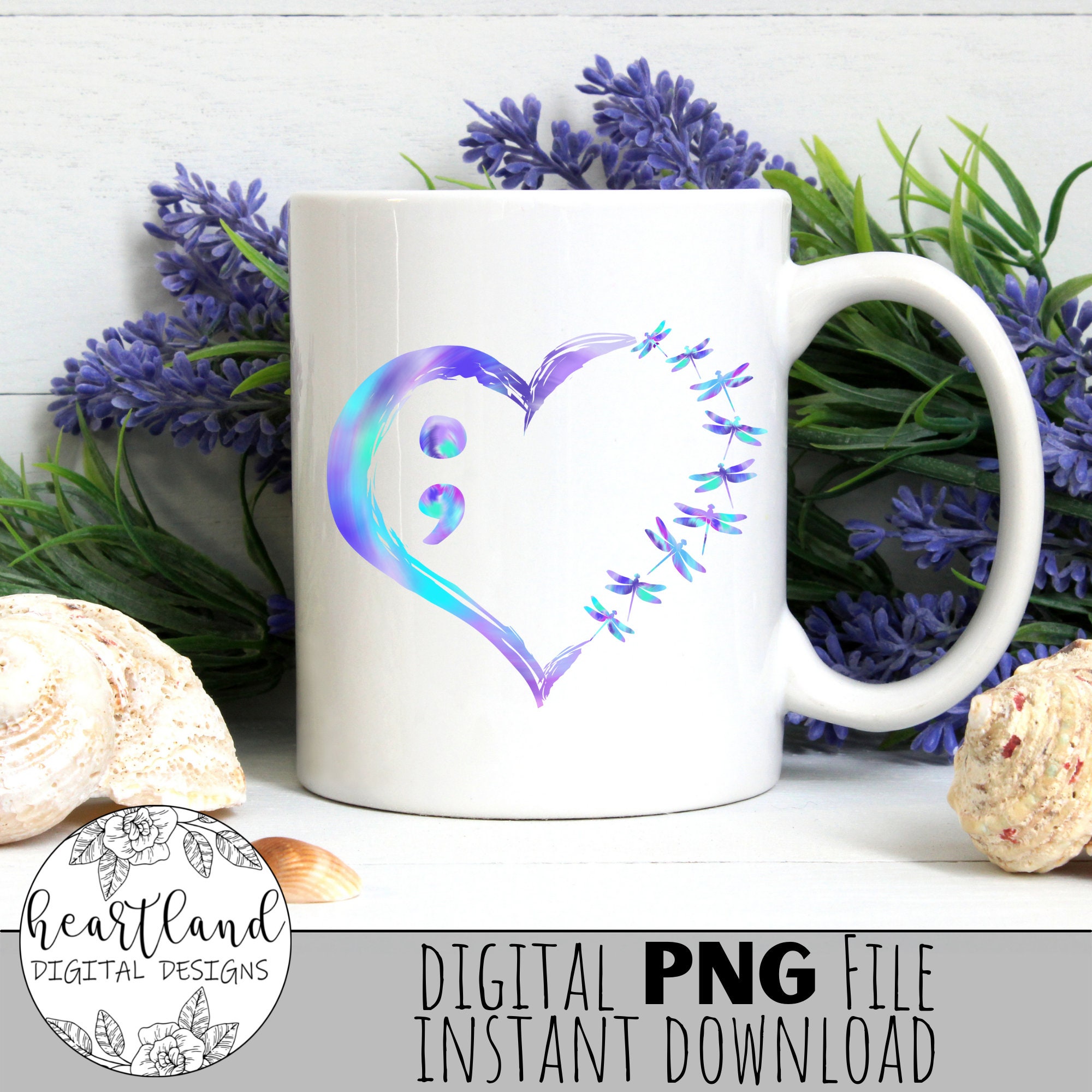 Colorful Semi-colon Heart With Dragonflies Digital Sublimation Images ...