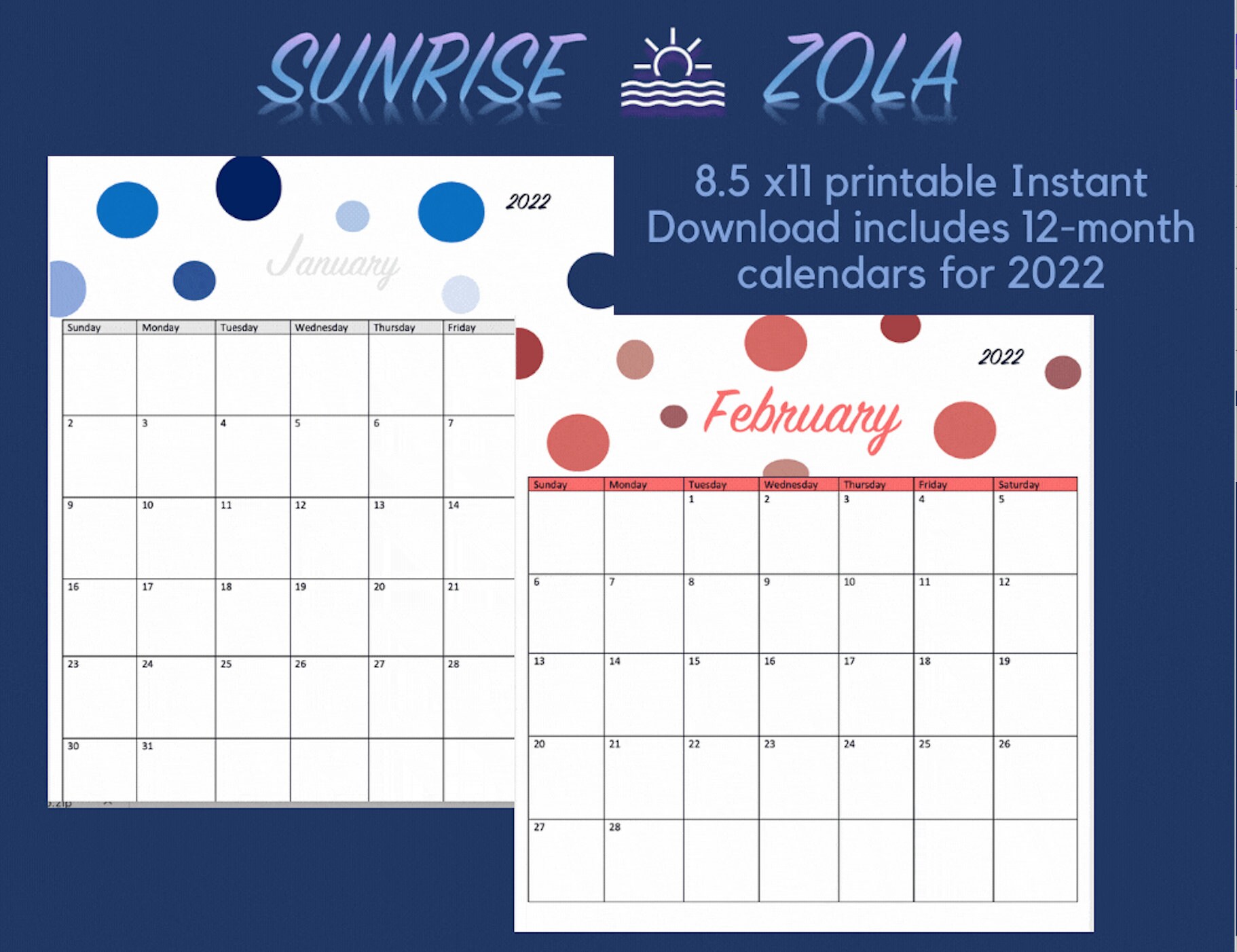 Digital Printable Calendar for 2022, 8.5 X11, Instant Download, Polka ...