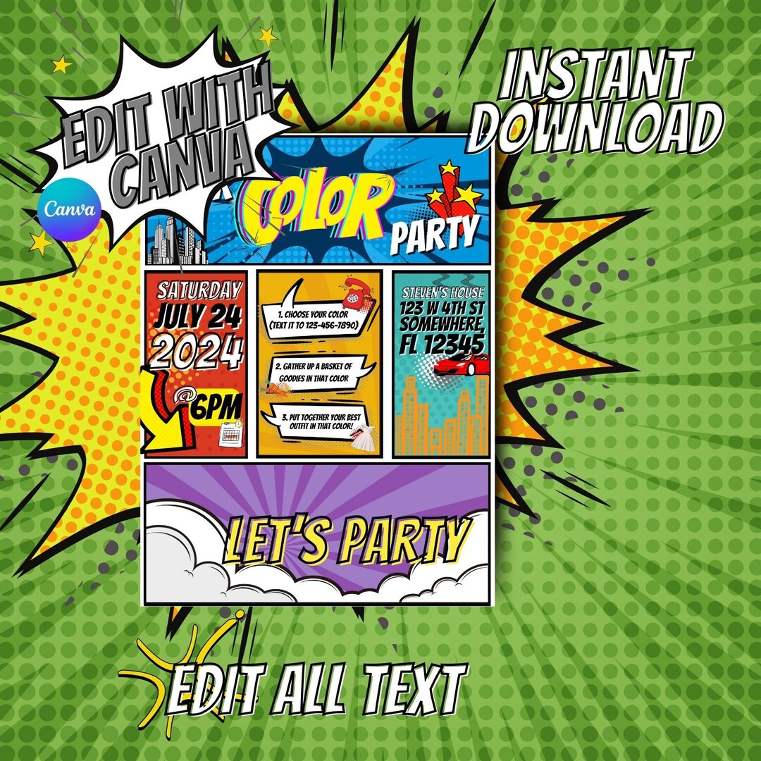 Color Party Digital Invite, Rep Your Color Invitation Template, Comic ...