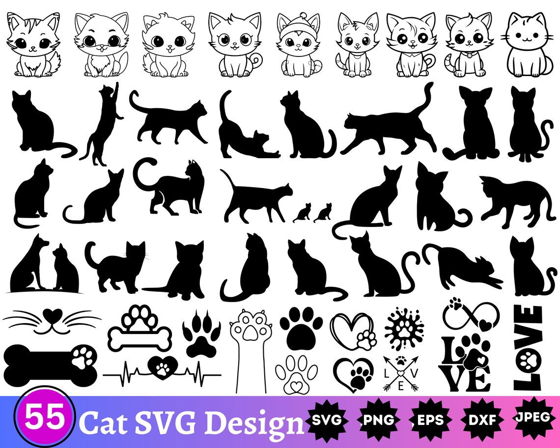 Cat SVG Cat Silhouette Cat PNG Bundle Cat Clipart Kitten SVG Cat Head ...