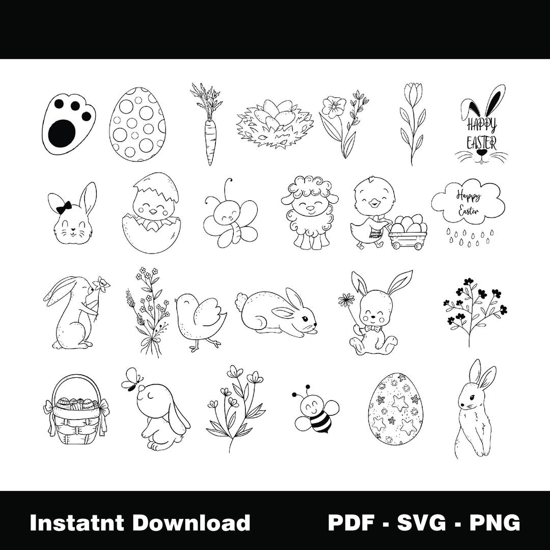 Easter Digital Stamps | Cute Little Easter Line Art | Black & White ...