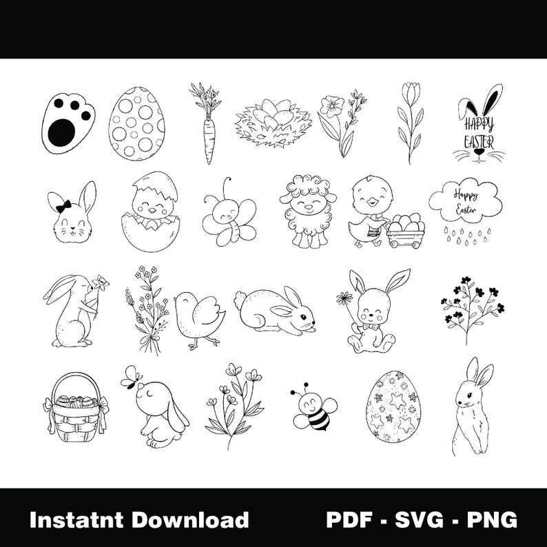 Cute Easter Line Art Digital Stamps | Black & White Clipart (PDF, SVG ...