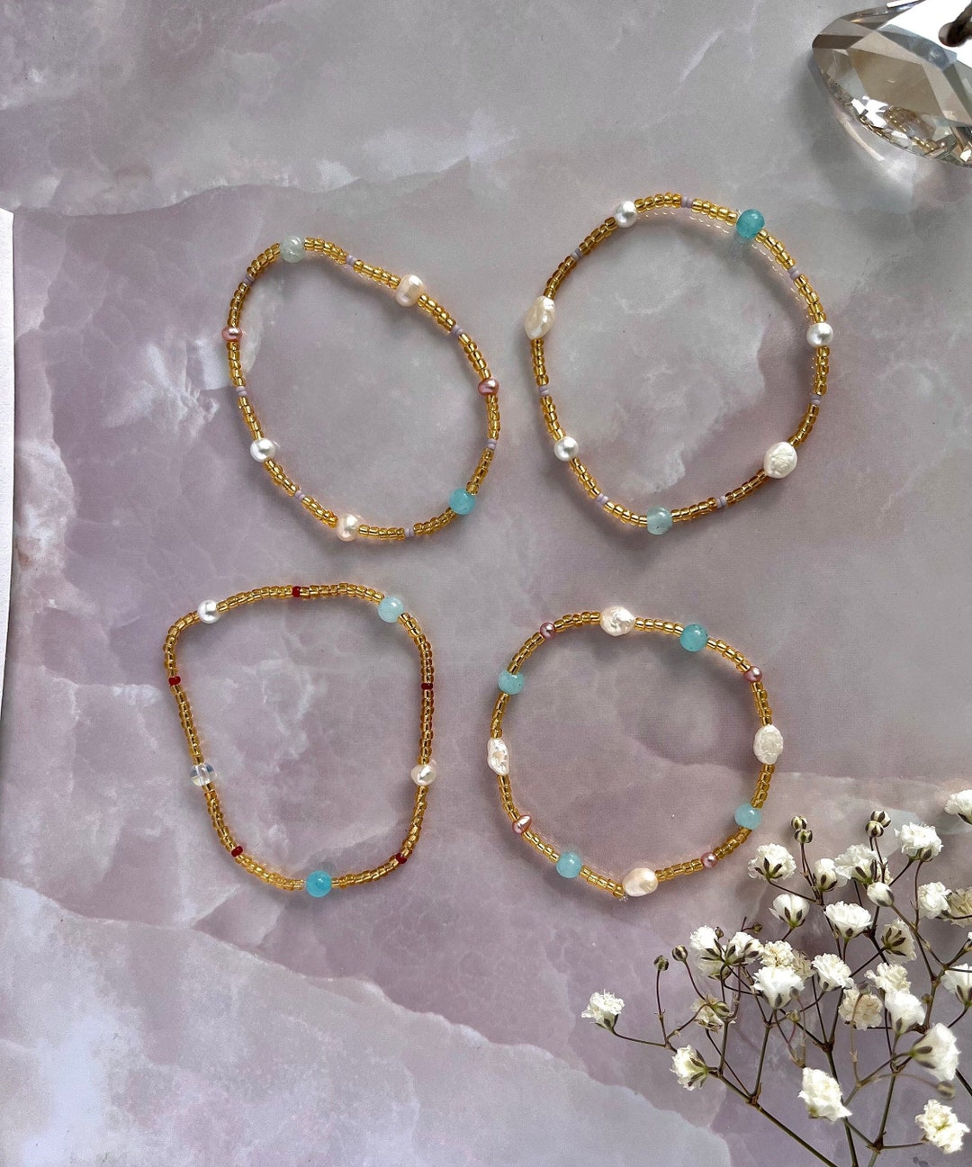 Jade Nebula: Green Jade Sparkly Gold Glass Bead Bracelet | Purple Rice ...