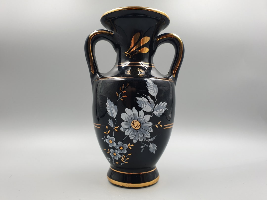 Seva 24k Gold Rhodes Greece Black & Gold Ceramic Vase G.S. - Etsy