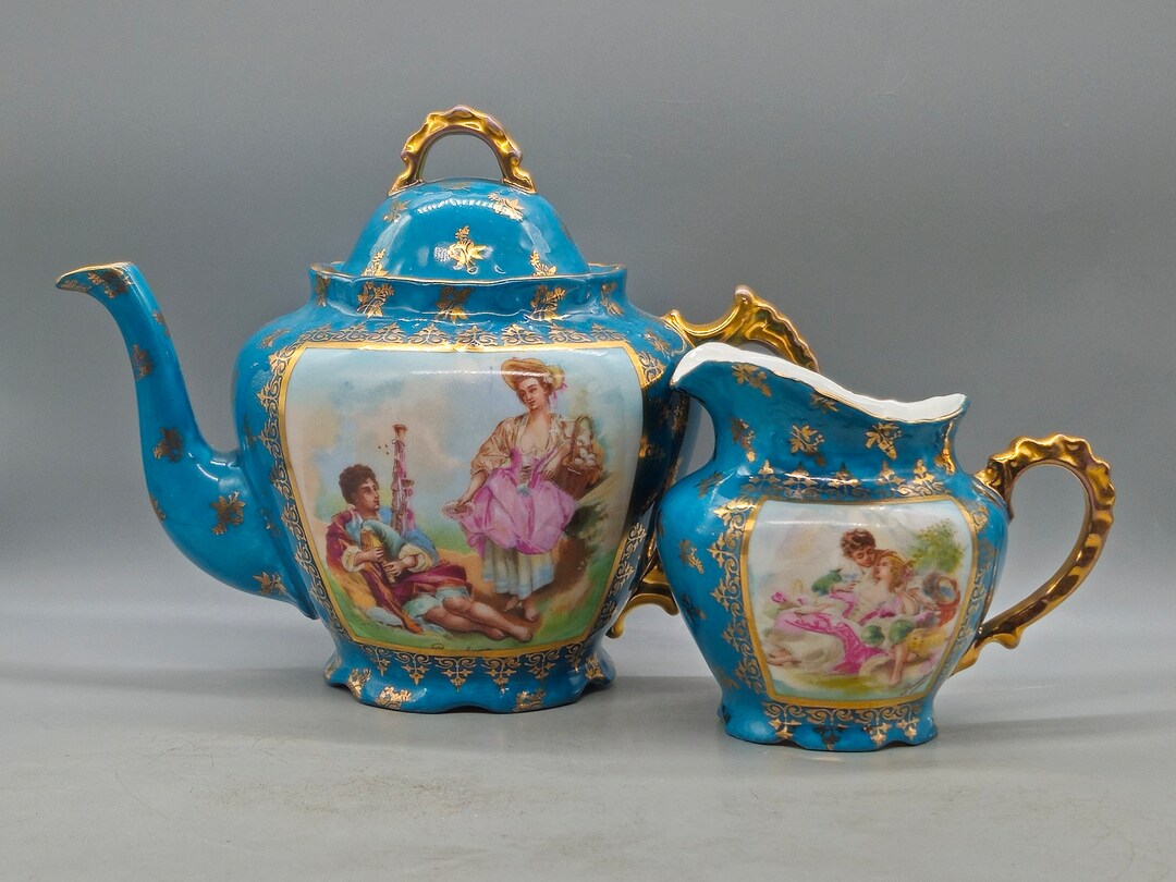 1900s Victoria Schmidt Austria Porcelain Cyan Teapot and - Etsy