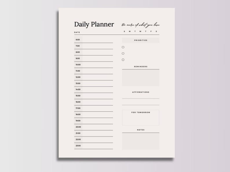 Daily Planner, Simple Undated Printable Template, Minimalist Style ...