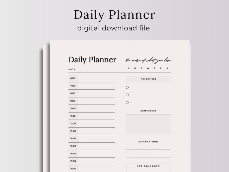 Daily Planner, Simple Undated Printable Template, Minimalist Style ...