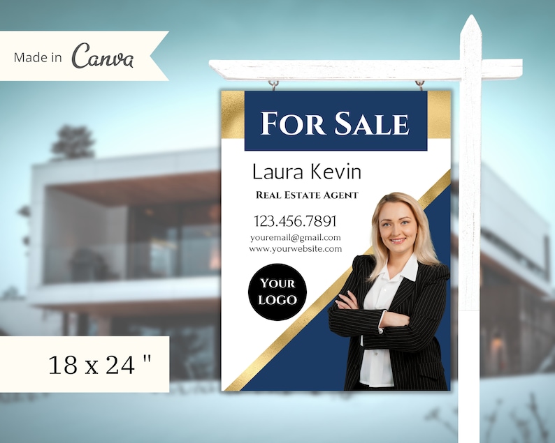 For Sale Realtor Yard Sign Templates Luxury Gold Blue Canva | Real ...