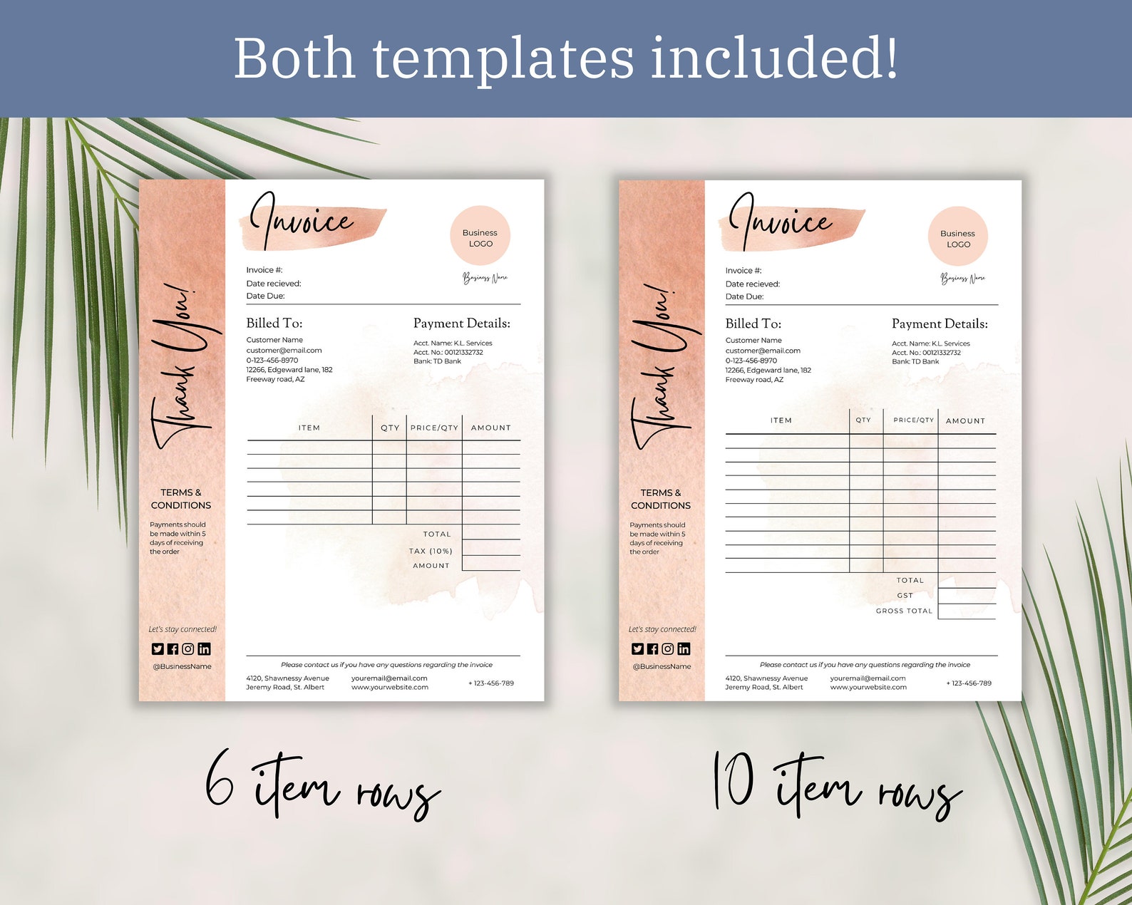 2 Invoice Templates in Peach Watercolor Design Canva | Photography ...