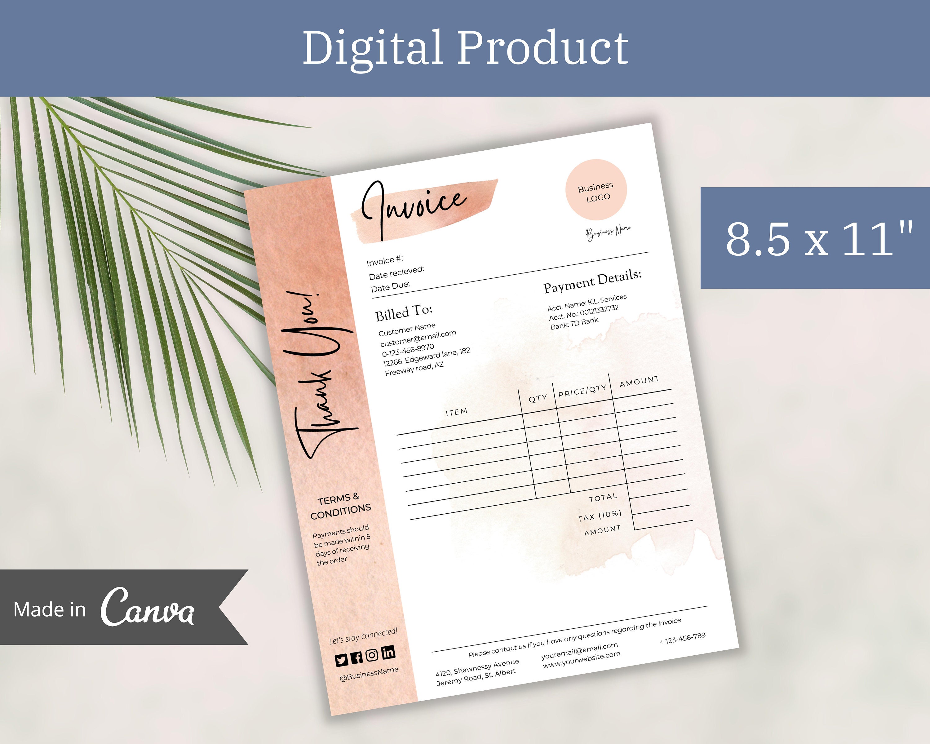2 Invoice Templates in Peach Watercolor Design Canva | Photography ...