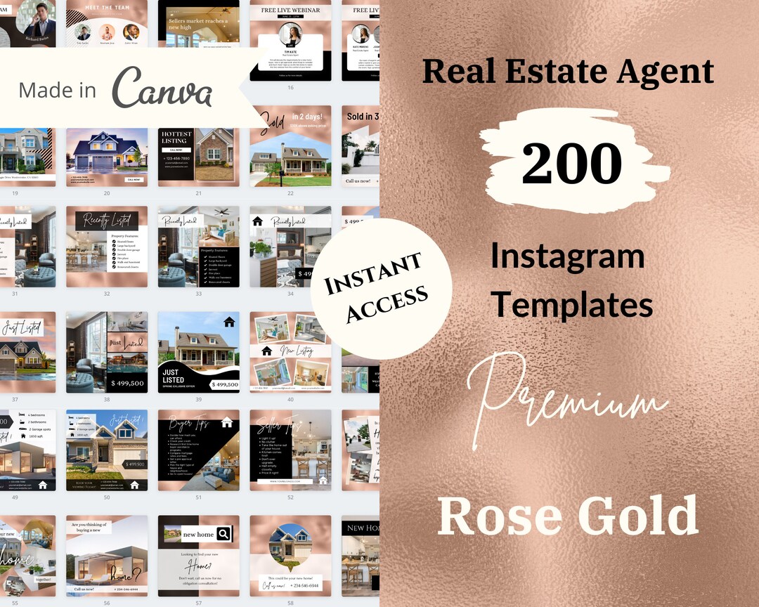 200 Luxury Rose Gold Real Estate Agent Social Media, Instagram Template ...