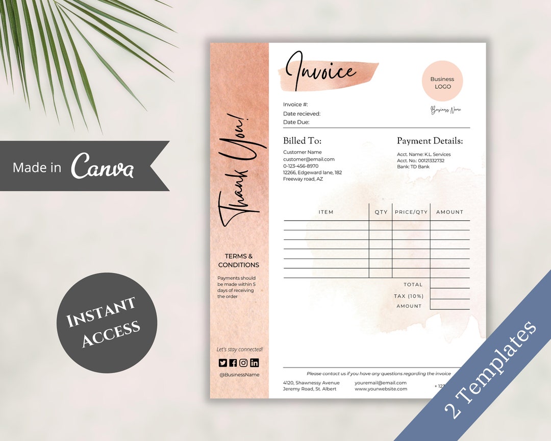 2 Invoice Templates in Peach Watercolor Design Canva | Photography ...