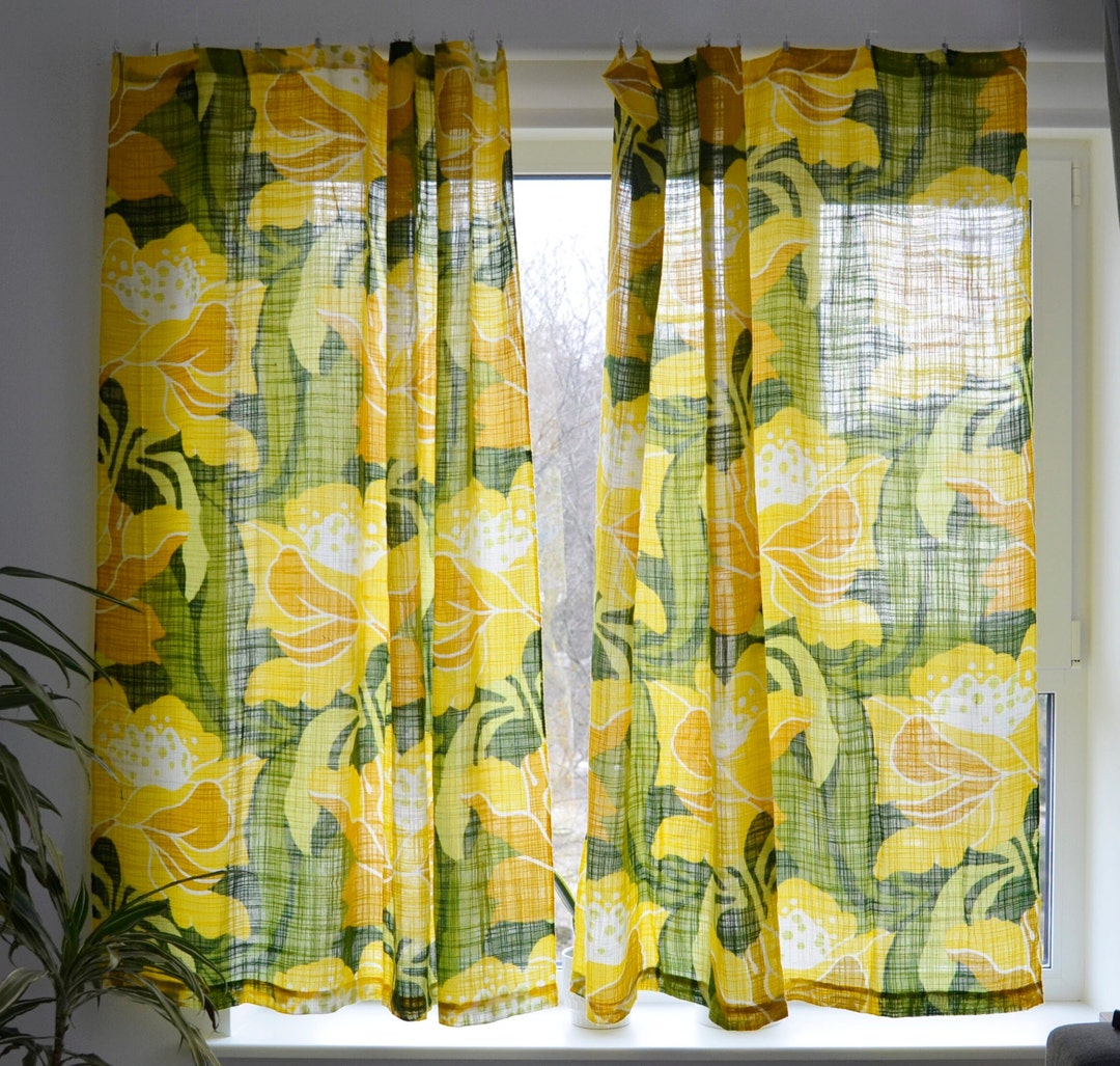 Vintage Floral Curtains Pair of Two Panels 70s Short Drapes ...