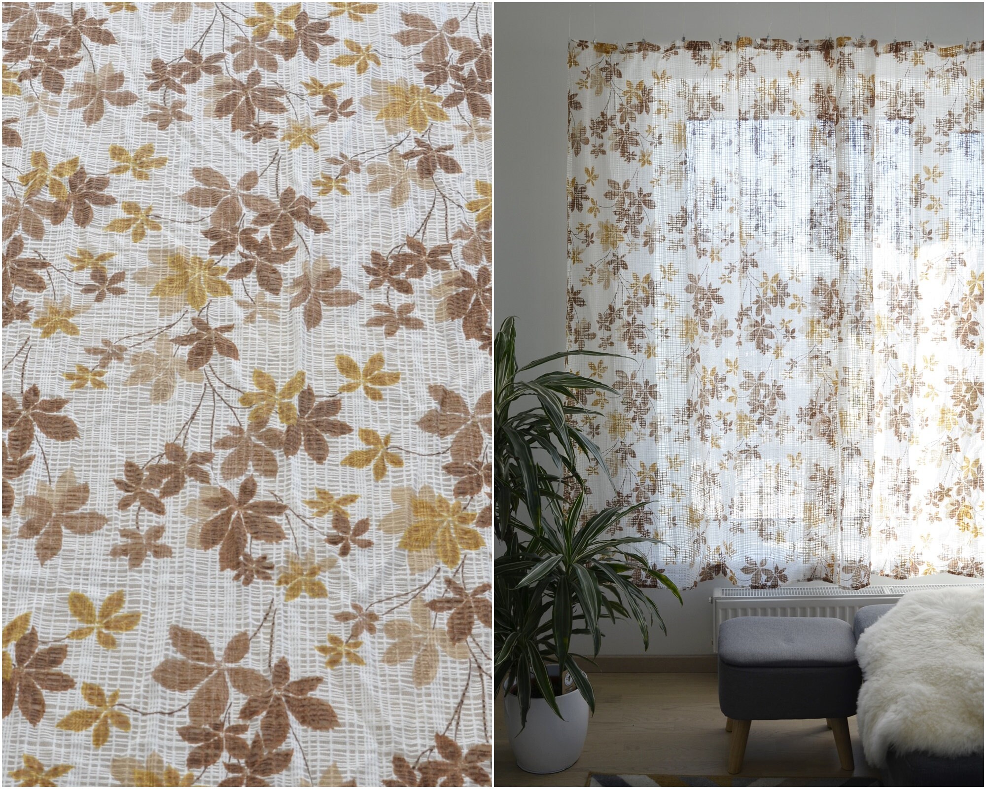 Vintage Net Curtains White Brown Floral Print Pair of Two Panels 70s ...