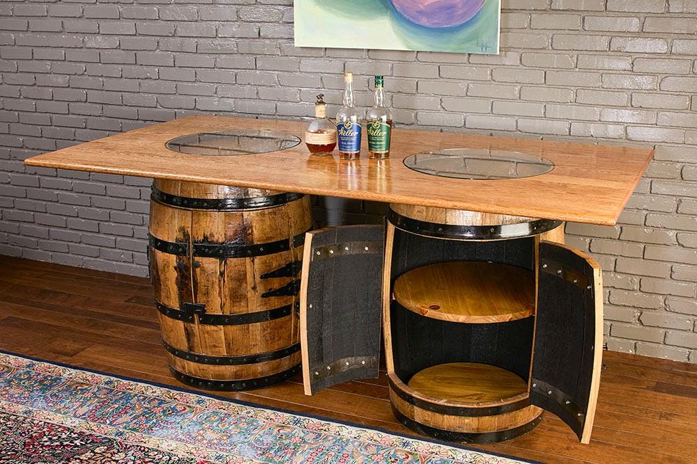 Whiskey Barrel Dining Table Set: Solid Oak Top & Distillery Stamps - Etsy