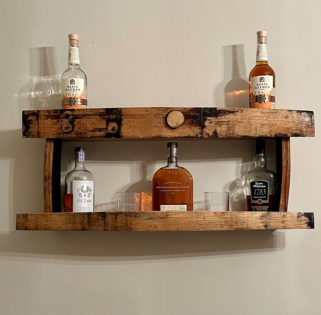 Barrel Stave Shelf - 2 Tiered, Whiskey Stave Shelf, Liquor Shelf ...