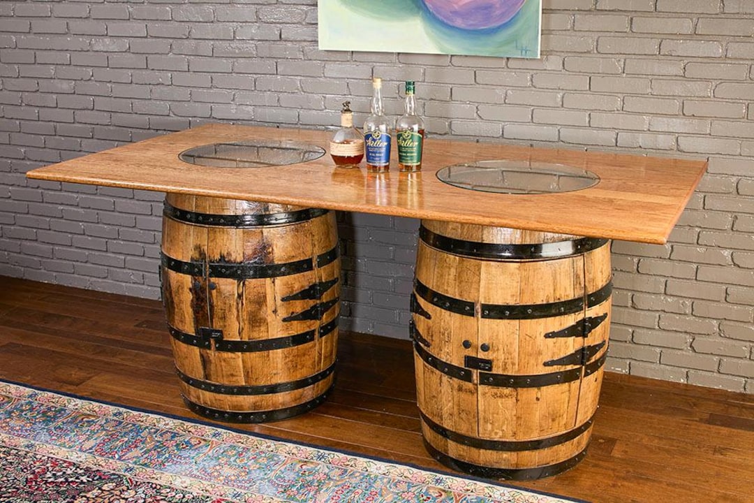 Whiskey Barrel Dining Table Set: Solid Oak Top & Distillery Stamps - Etsy