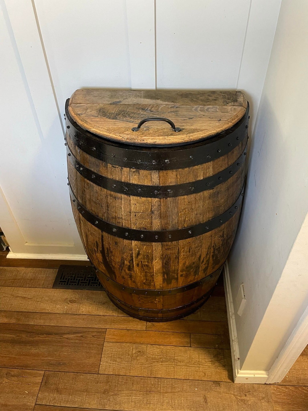 Whiskey Barrel Trash Can Cover, Half Barrel Trash Can Cover, Half ...