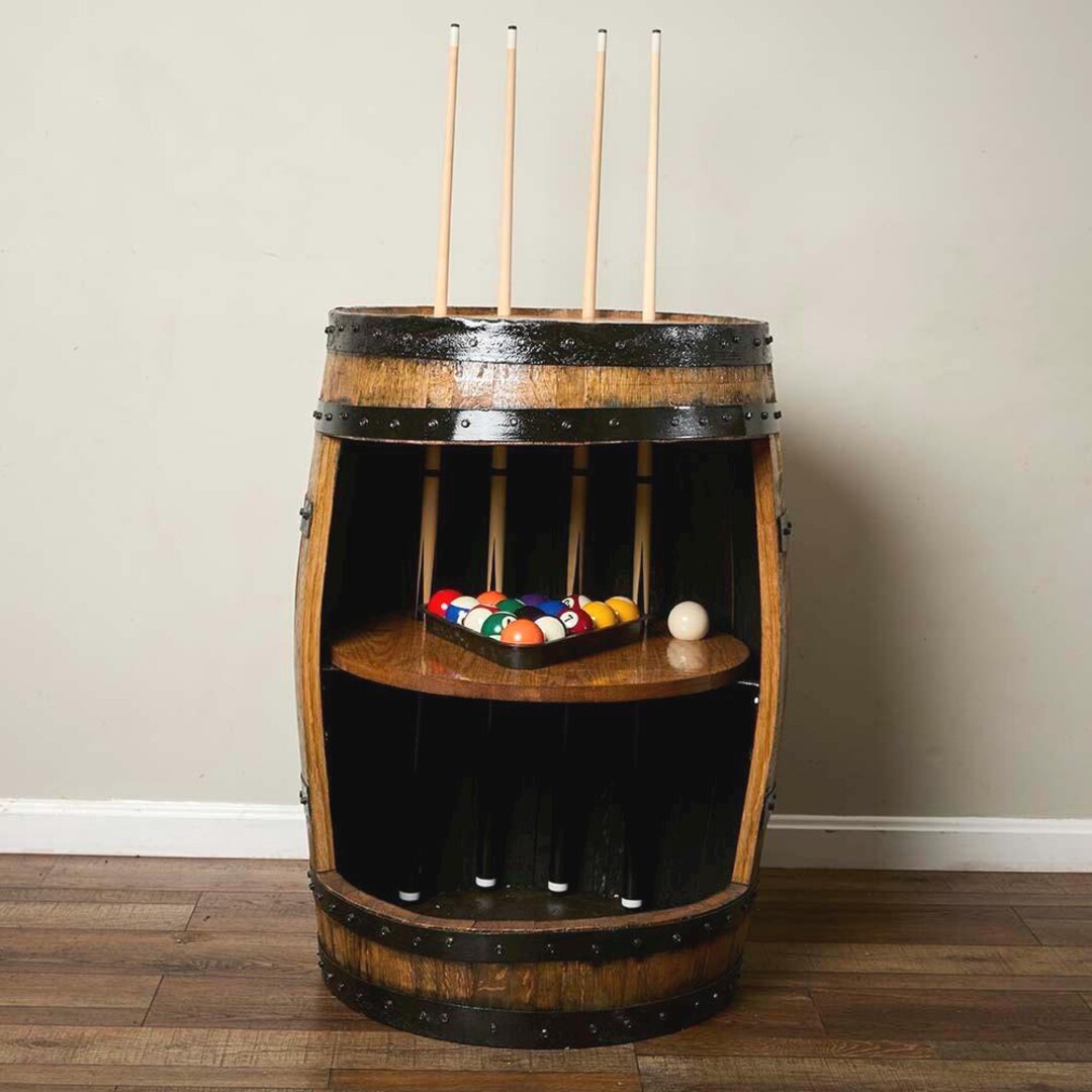 Whiskey Barrel Billiards Bar: Pool Stick & Liquor Cabinet - Etsy