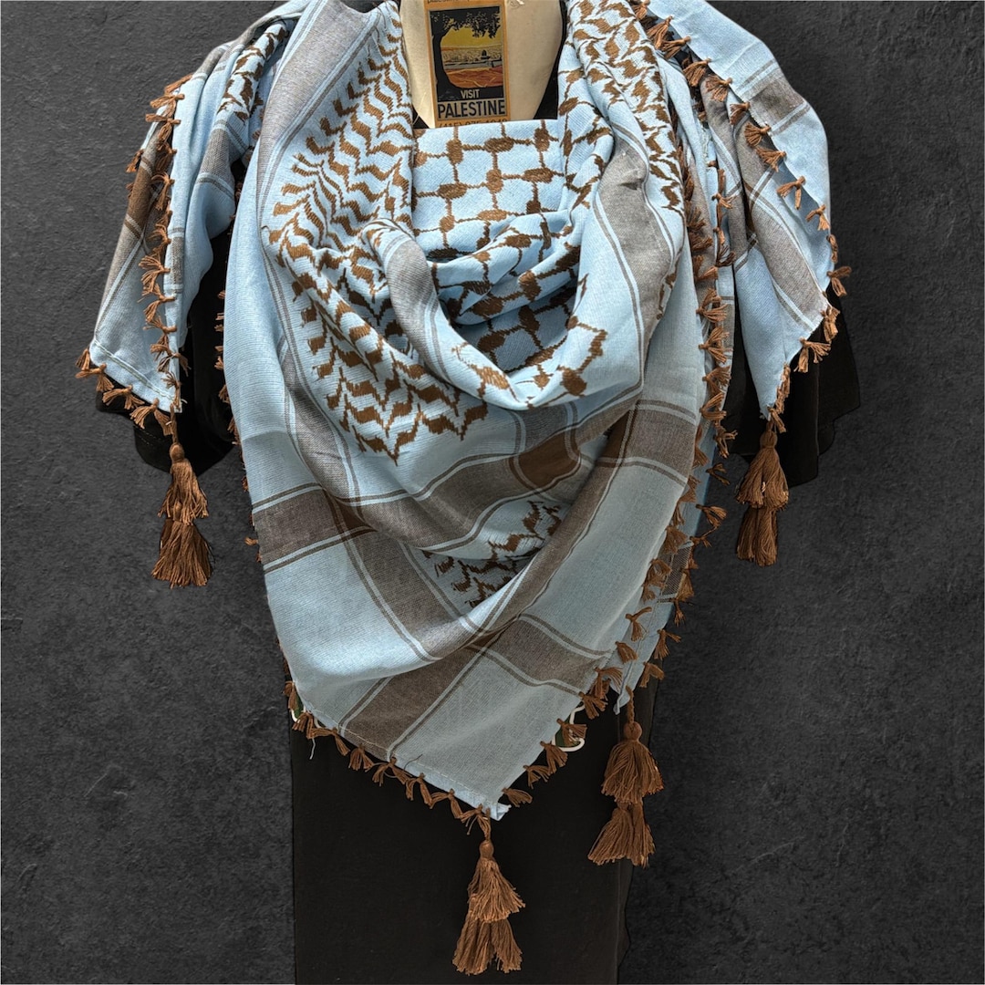 Woven Keffiyeh Brown on Blue Palestinian Scarf With 4 Sides Tassels (48 ...
