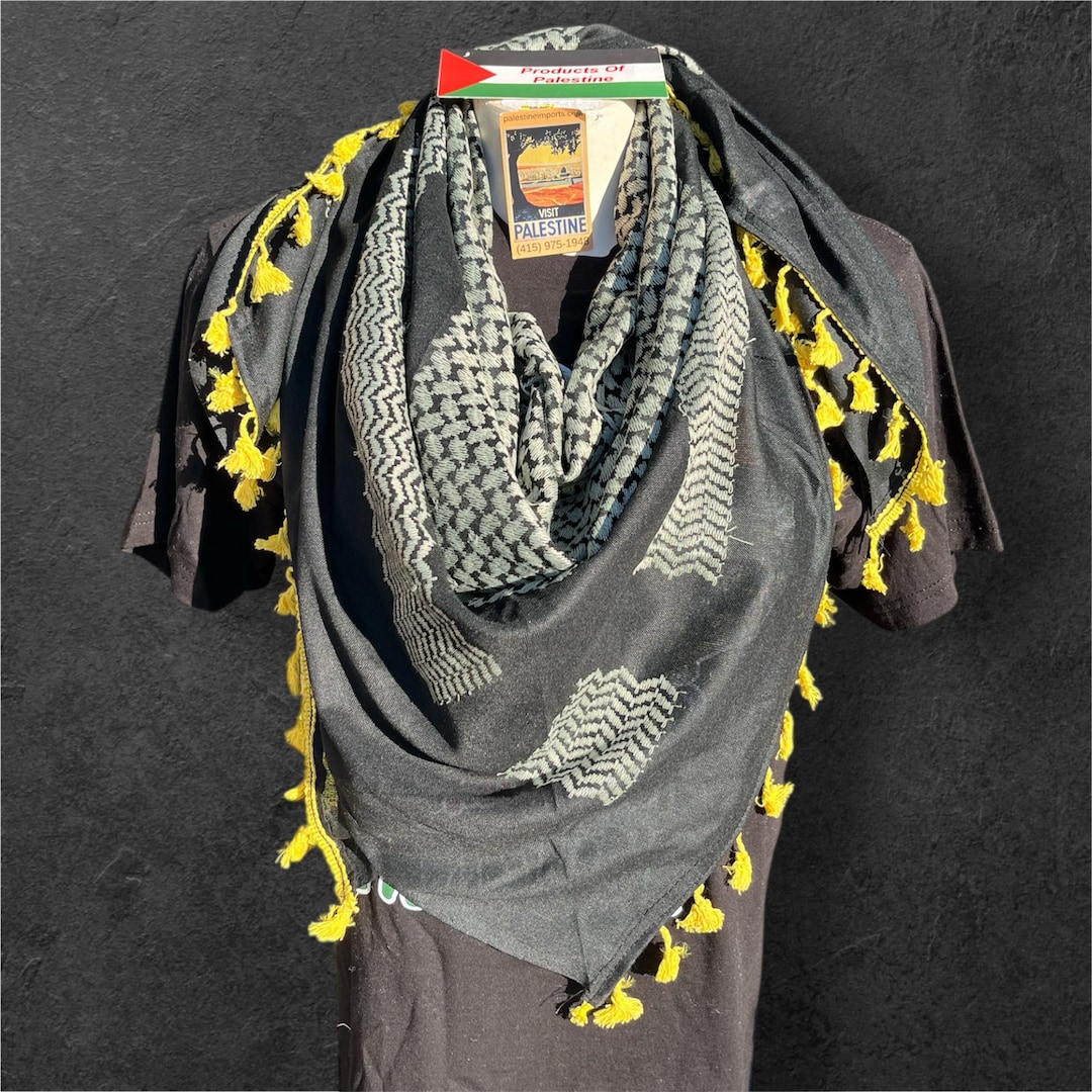 Authentic Palestine Made Keffiyeh Scarf: Cream on Blk Woven Yellow ...